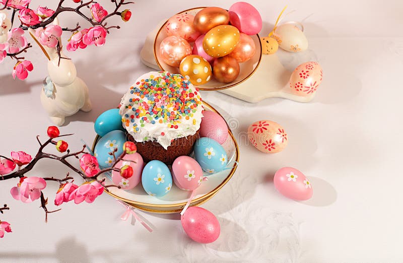 Traditional Easter Cake and Marble Easter Eggs Painted with Golden ...