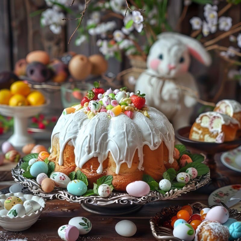 Traditional Easter Cake with Marshmallow Glaze. Easter Table with ...