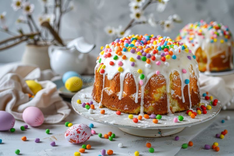 Traditional Easter Cake with Marshmallow Glaze. Easter Table with ...