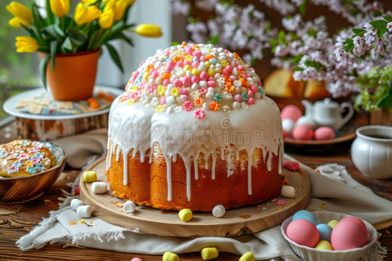 Traditional Easter Cake with Marshmallow Glaze. Easter Table with ...