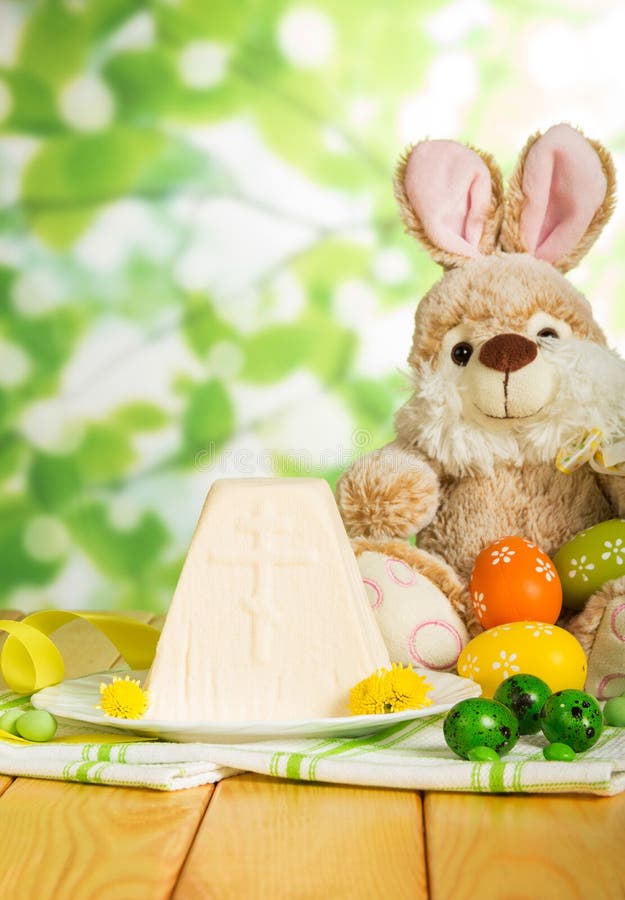 Traditional Easter Cheese Dessert, Bunny, Colored Eggs, Flowers, Ribbon ...