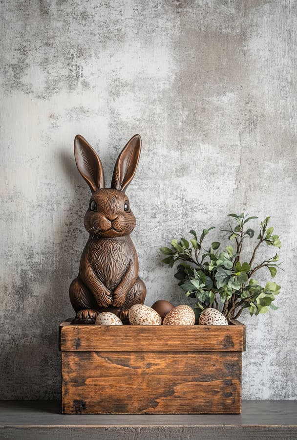A Traditional Easter Chocolate Bunny and Eggs Placed Inside a Wooden ...