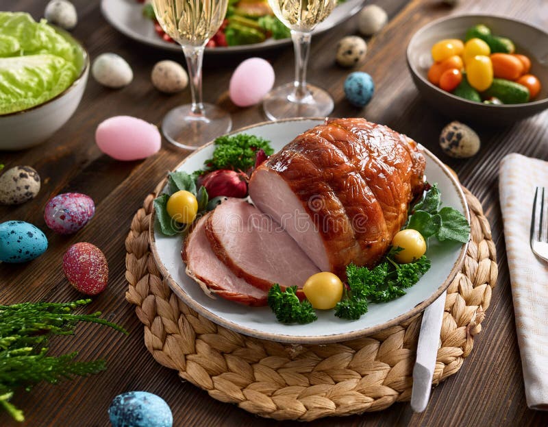 Traditional Easter Dinner with Glazed Ham and Spring Vegetables Stock ...