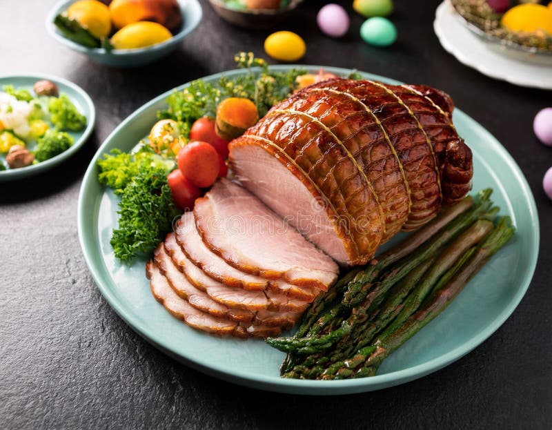 Traditional Easter Dinner with Glazed Ham and Spring Vegetables Stock ...