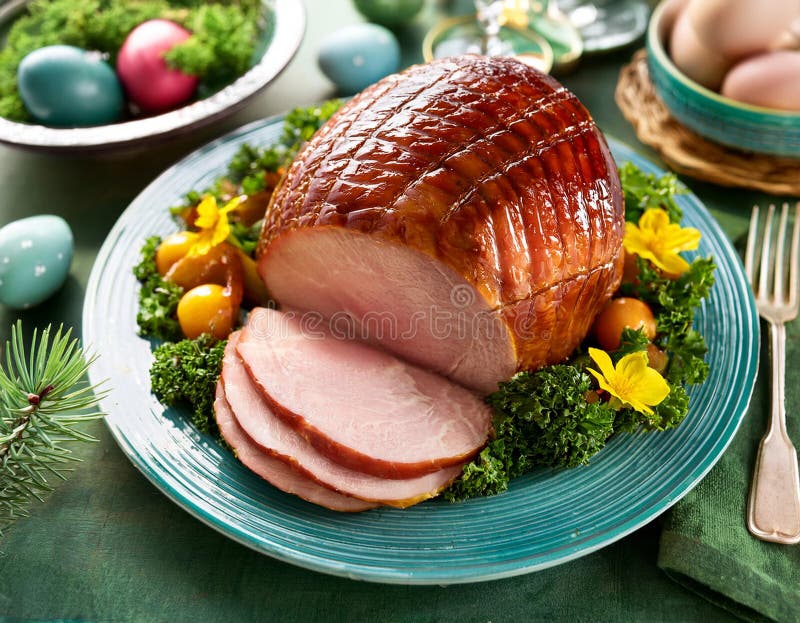 Traditional Easter Dinner with Glazed Ham and Spring Vegetables Stock ...