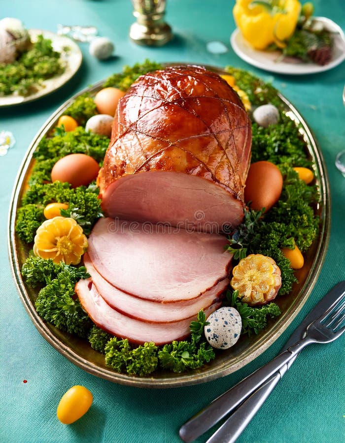 Traditional Easter Dinner with Glazed Ham and Spring Vegetables Stock ...
