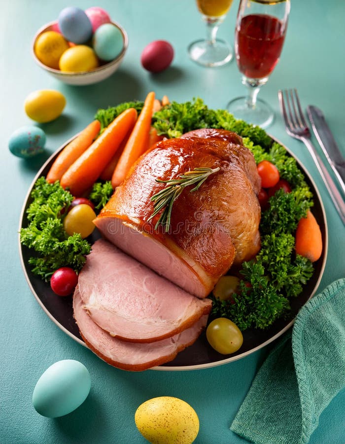 Traditional Easter Dinner with Glazed Ham and Spring Vegetables Stock ...