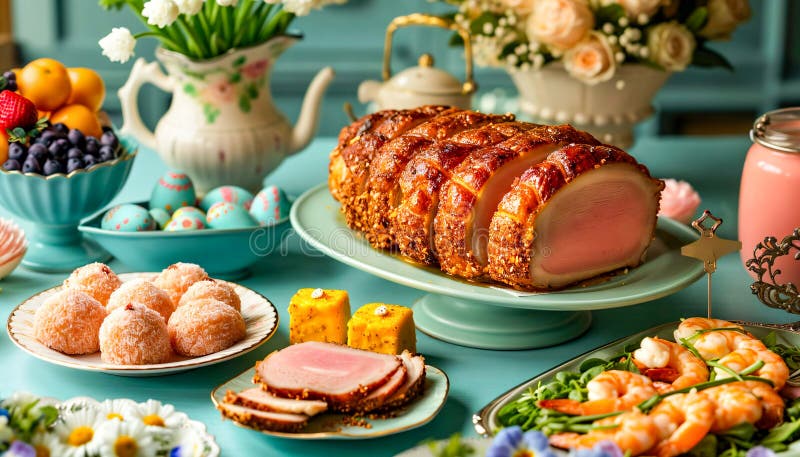 Traditional Easter Dinner Table with Sliced Ham and Seasonal ...