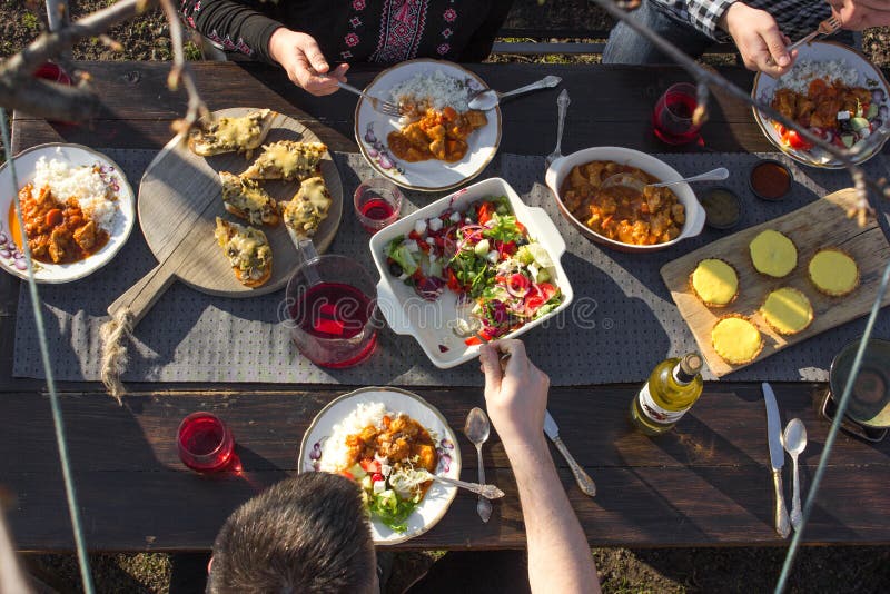 Traditional Easter Dinner. Top View Table Scene on a Rustic Wood ...