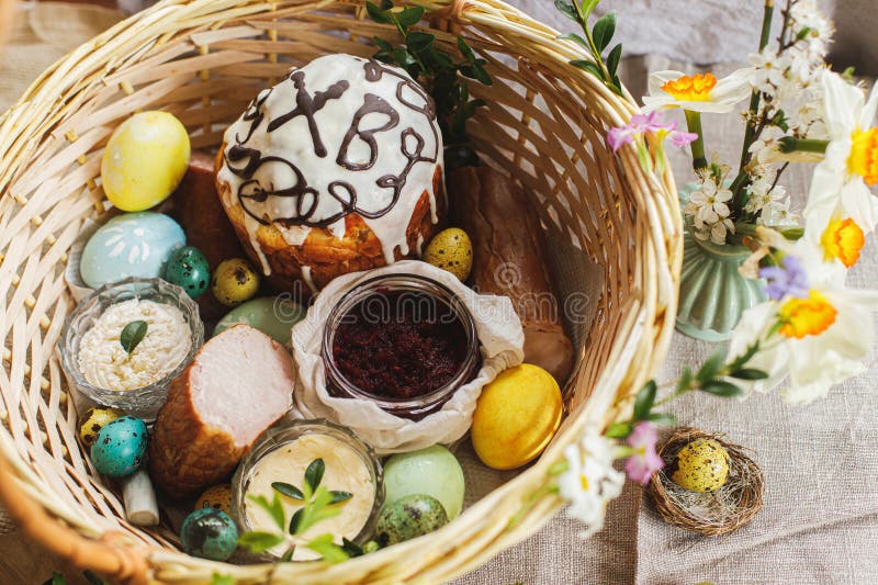 Traditional Easter Food in Basket. Homemade Easter Bread, Natural Dyed ...