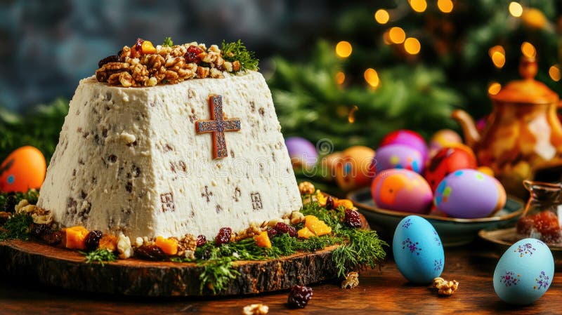 Traditional Easter Paska Cake with Nuts and Decorated Eggs on Table ...