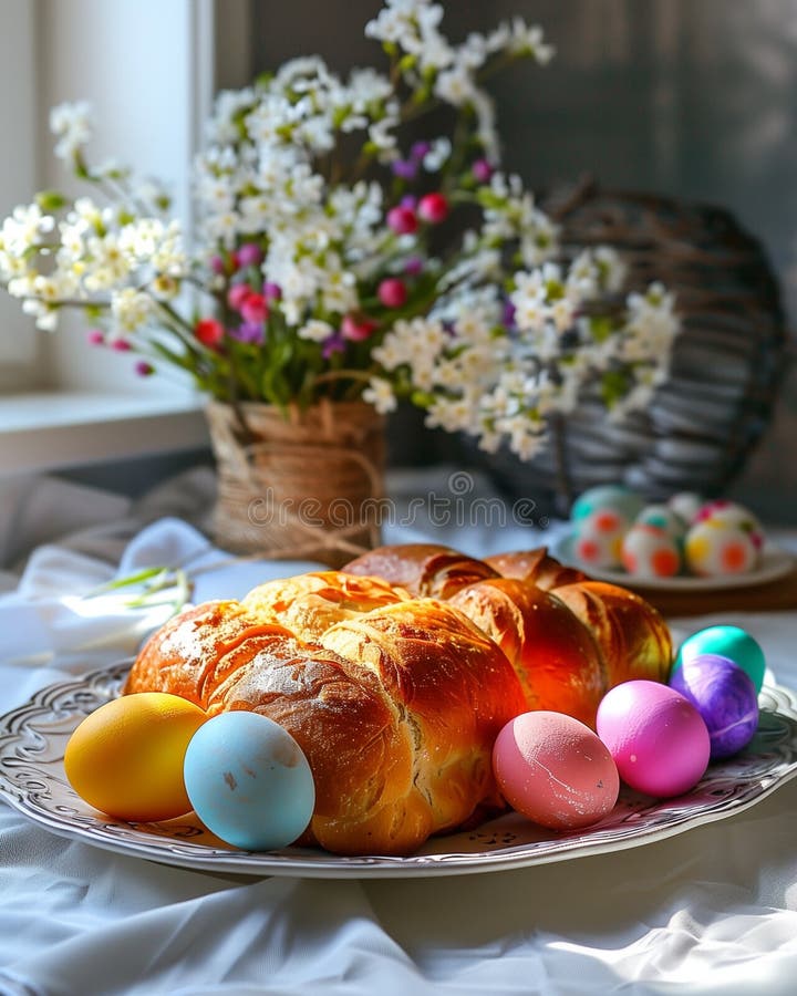 A Classic Easter Table Setup Featuring Homemade Bread, Dyed Eggs, and ...