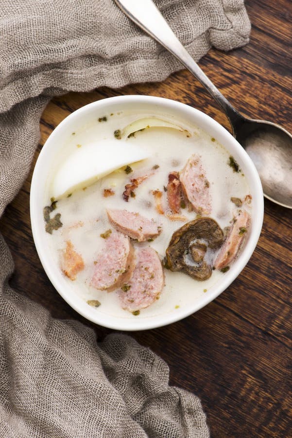 Traditional Easter White Borscht with Eggs and Sausage Stock Photo ...