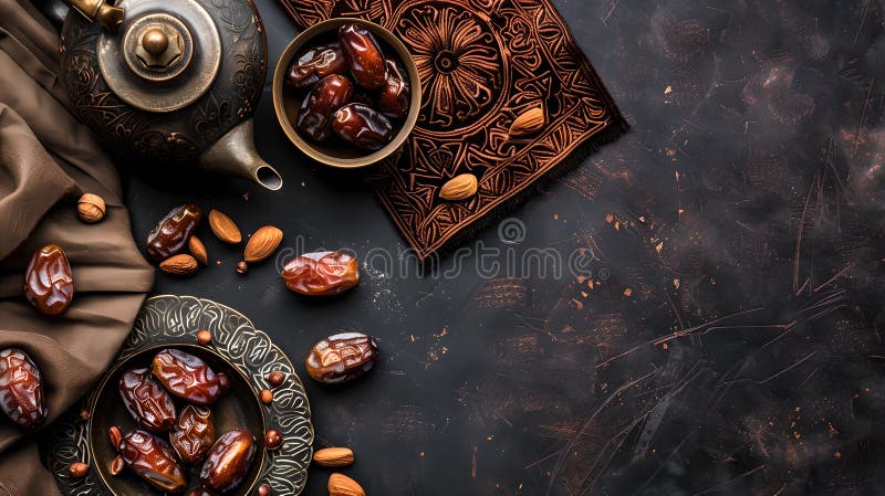 Traditional Eastern Tea Setup with Dates and Nuts on Dark Background ...