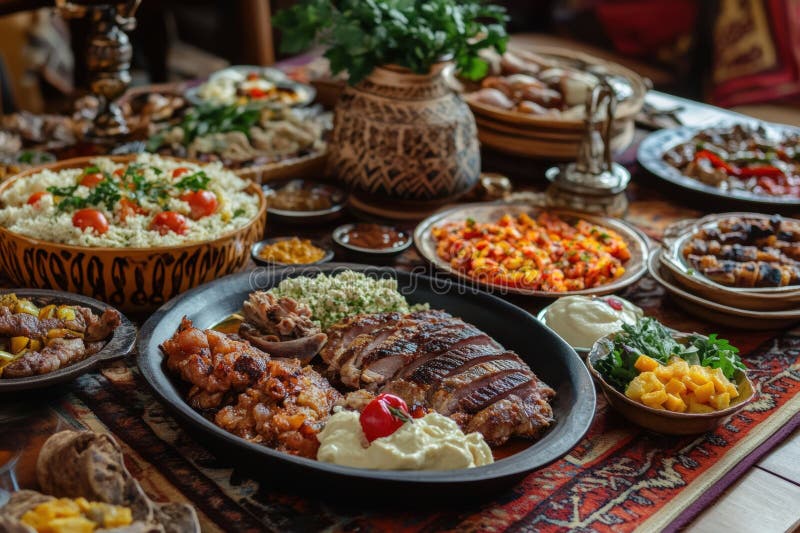 Traditional Eid Al-Adha Meat Feast with Elaborate Table Setting and ...