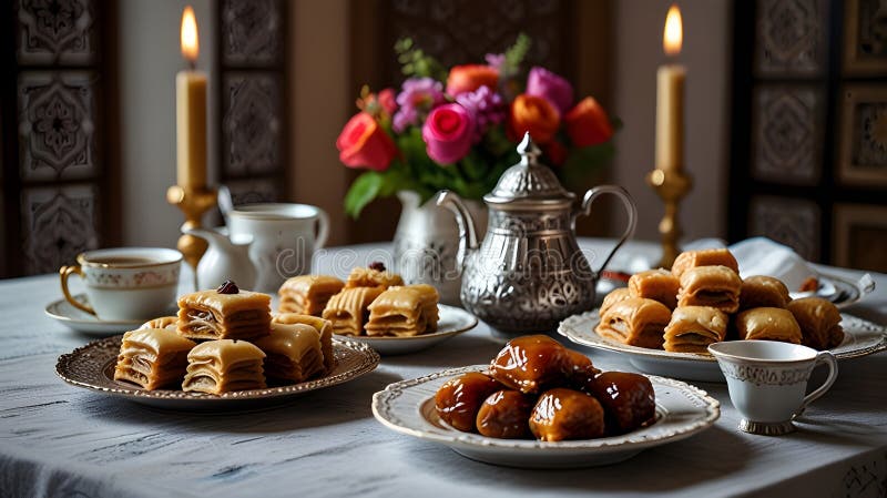 Traditional Eid Feast with Dates, Baklava, and Tea Served on an Elegant ...