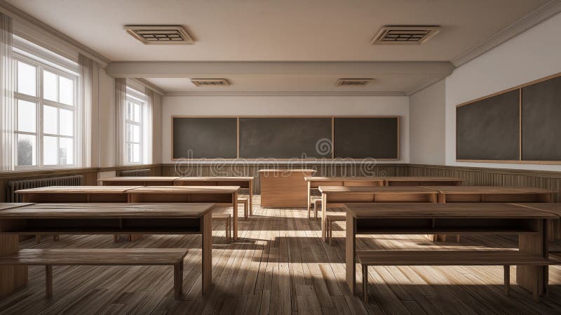 Traditional Empty Classroom with Wooden Desks and Chalkboards Ready ...