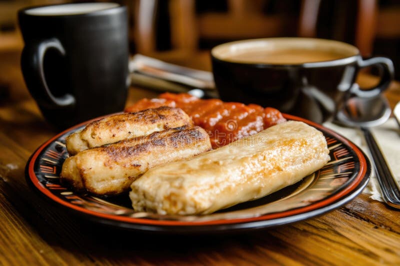 Traditional English Breakfast with Sausages Beans and Coffee on Rustic ...