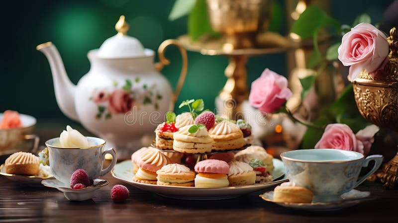 Traditional English High Tea Setup with an Array of Desserts and a ...