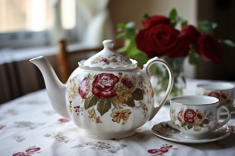 A Traditional English Teapot with a Floral Pattern on a Lace Tablecloth ...