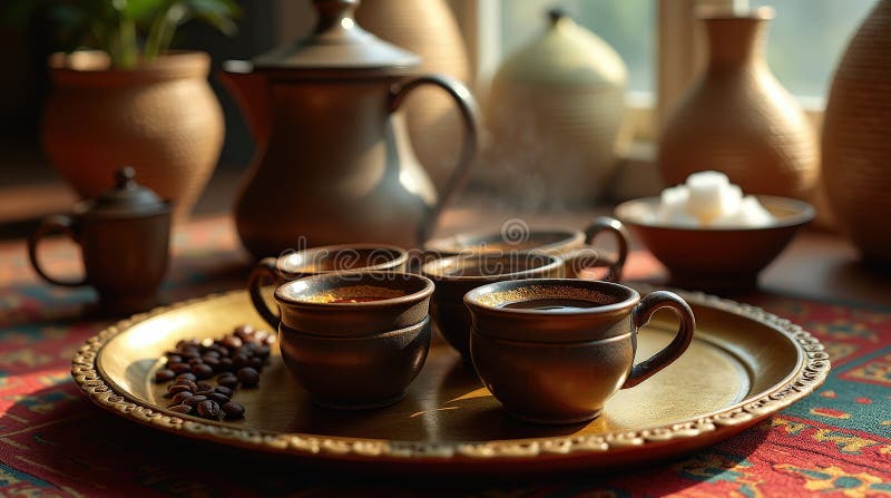 Traditional Ethiopian Coffee Setup with Ceramic Cups and Aromatic Brew ...