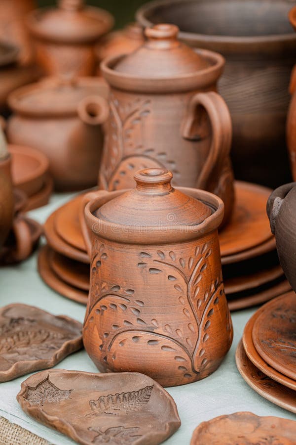 Traditional Ethnic Clay Tableware in the Assortment at the Fair Outdoor ...