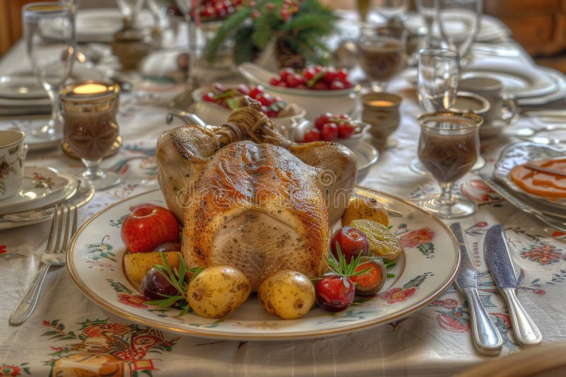 A Traditional Family-style Dinner Setup with Roasted Turkey, Mashed ...
