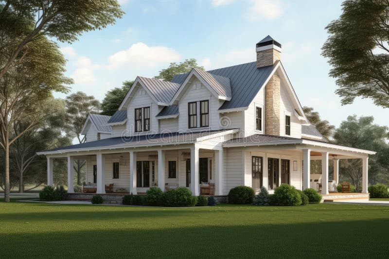 Traditional Farmhouse with Its Rectangular Windows, Wrap-around Porch ...