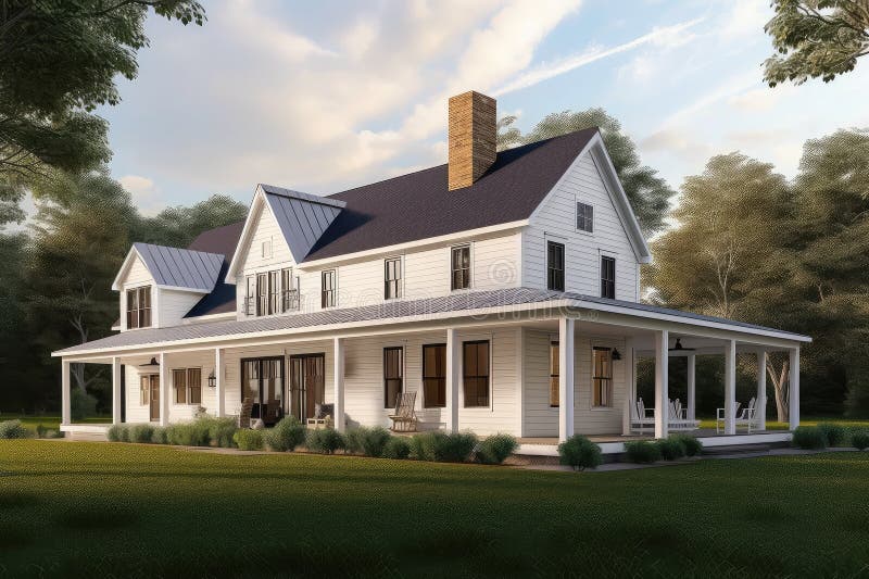 Traditional Farmhouse with Its Rectangular Windows, Wrap-around Porch ...