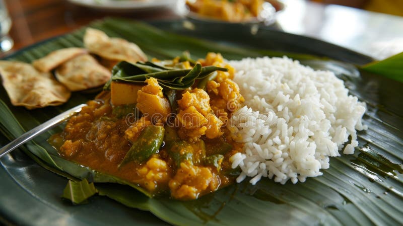 A Traditional Feast of Curry and Rice Served on a Banana Leaf for an ...