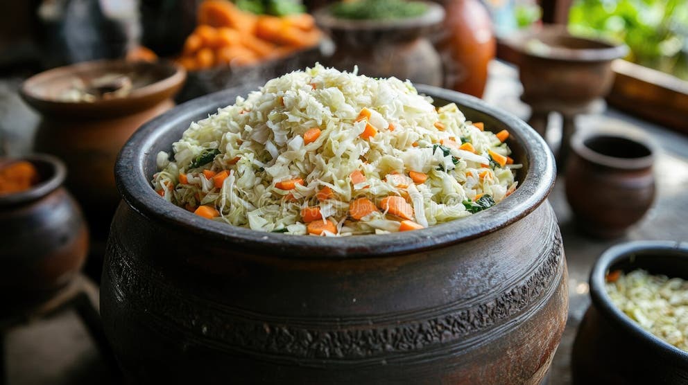 Traditional Fermented Vegetables in Rustic Clay Pot with Cabbage and ...