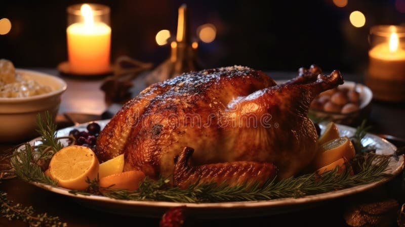 Traditional Festive Dinner with Delicious Roasted Turkey Served Stock ...