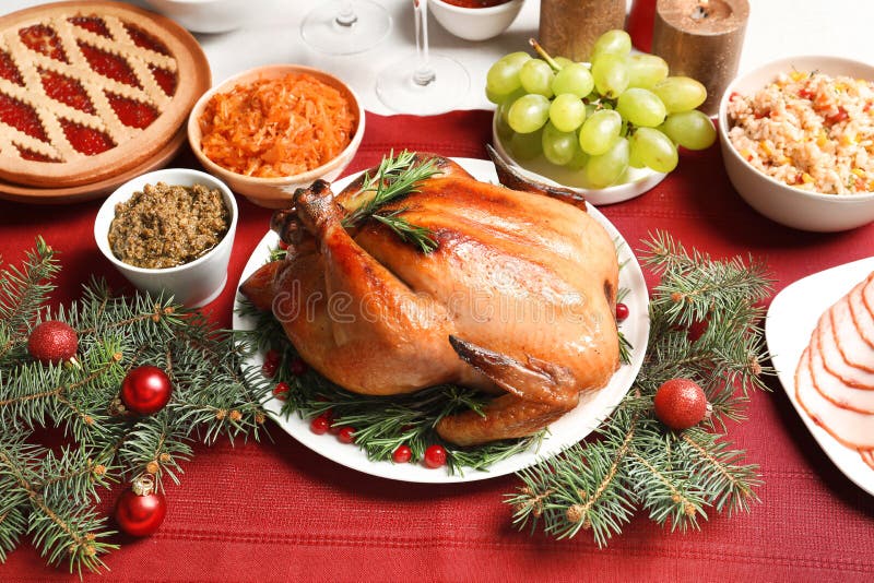 Traditional Festive Dinner with Delicious Roasted Turkey Stock Image ...