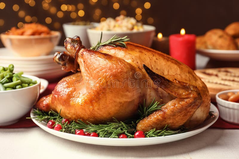 Traditional Festive Dinner with Delicious Roasted Turkey Stock Photo ...