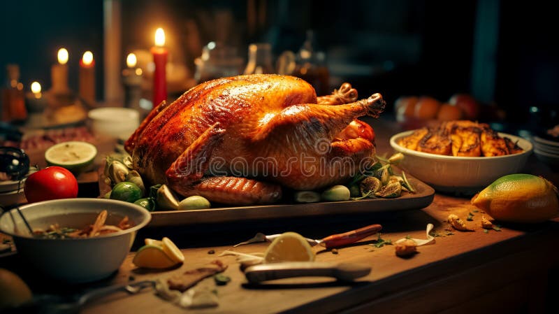 Traditional Festive Dinner with Delicious Roasted Turkey Served on ...