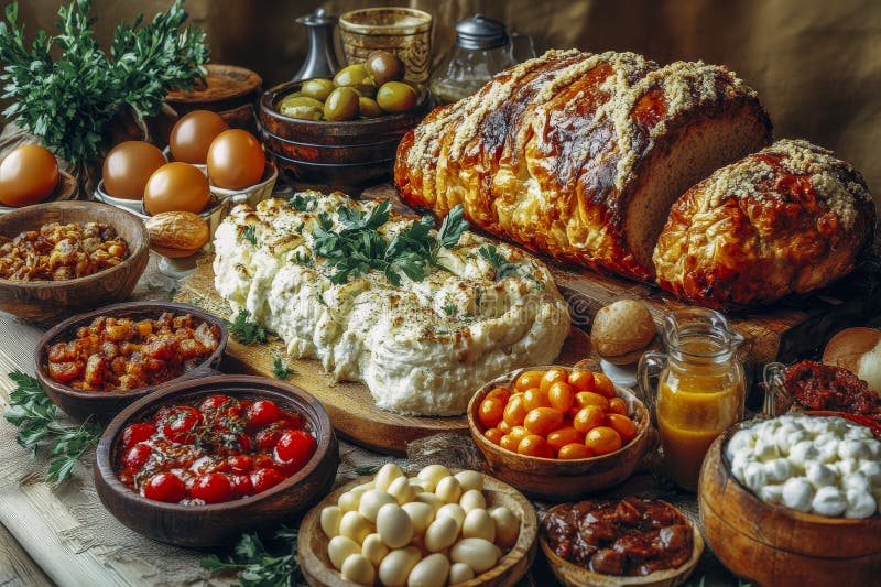 Traditional Festive Spread with Fresh Bread and Assorted Delicacies for ...