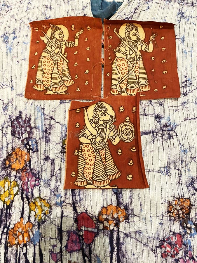 Traditional Figurative Kalamkari Patch on White and Blue Battik Fabric ...