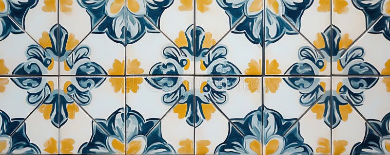 Traditional Floral Ceramic Tiles with Blue and Yellow Patterns Stock ...