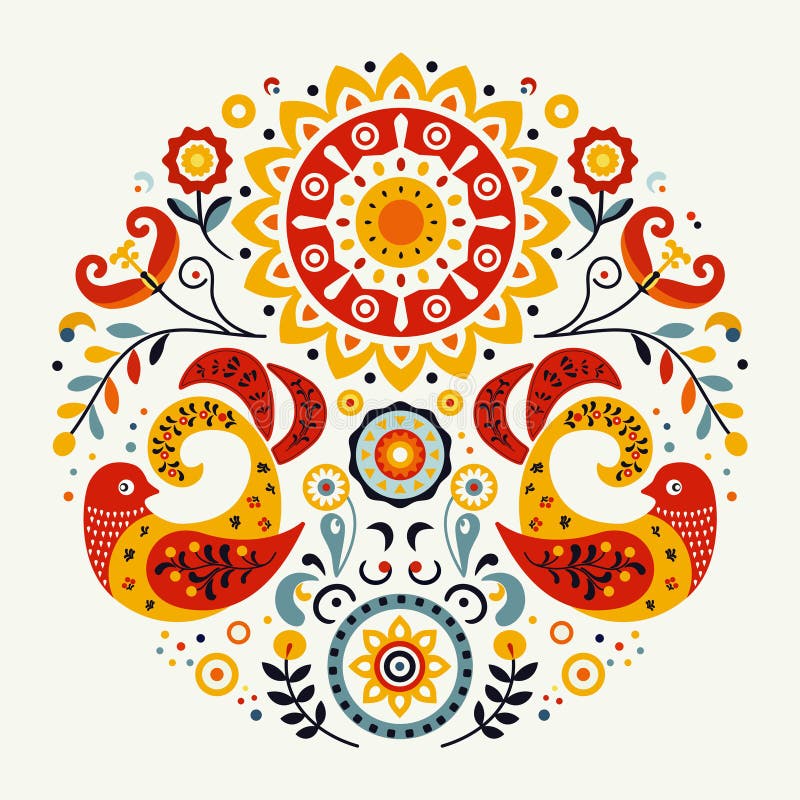 Traditional Folk Art Pattern with Birds, Sun and Floral Elements Stock ...