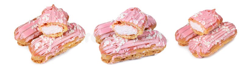 Traditional French Eclairs with Pink Chocolate on White Stock Photo ...