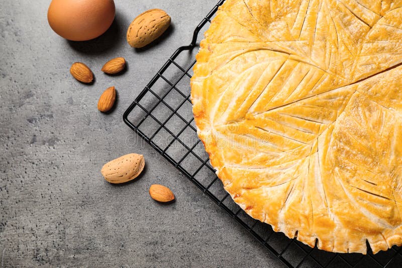 Traditional Galette Des Rois and Ingredients on Grey Table, Flat Lay ...