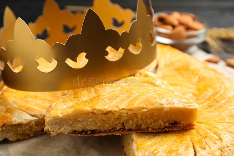 Traditional Galette Des Rois with Paper Crown on Table, Closeup Stock ...