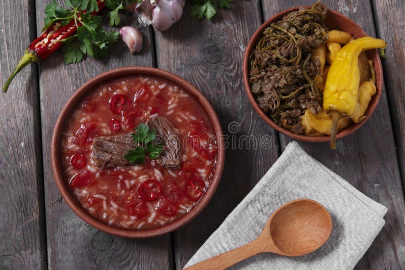 Traditional Georgian Soup Kharcho with Meat and Rice in Ceramic Ware ...