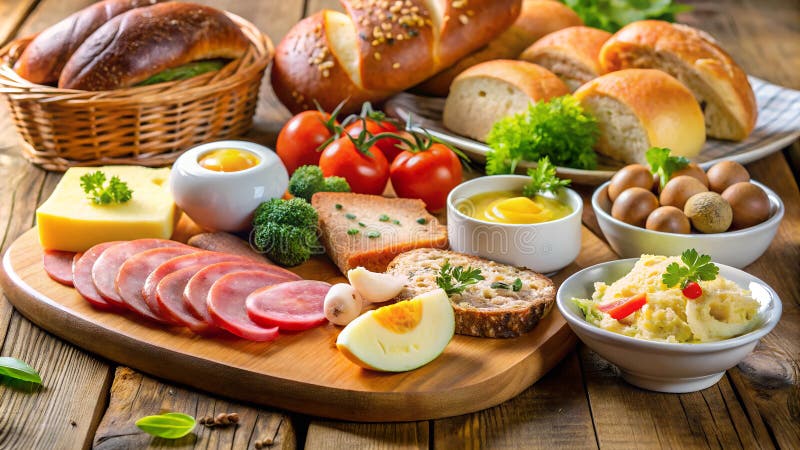 A Traditional German Breakfast with Assorted Cold Cuts, Cheeses, Bread ...
