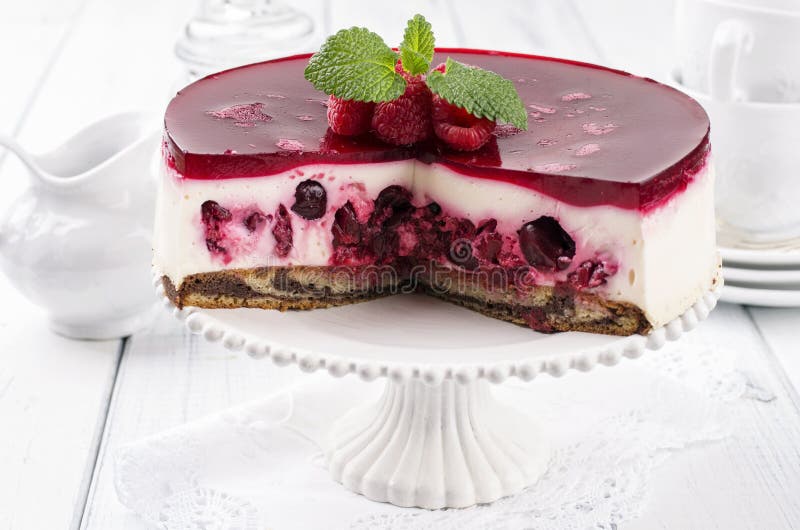 Traditional German Cheesecake with Cherry and Raspberry on a Cake Plate ...