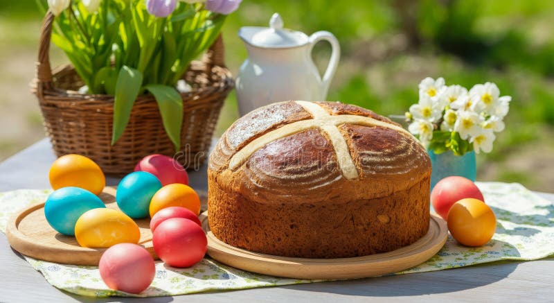 Traditional German Easter Bread Osterbrot and Colorful Eggs in Spring ...