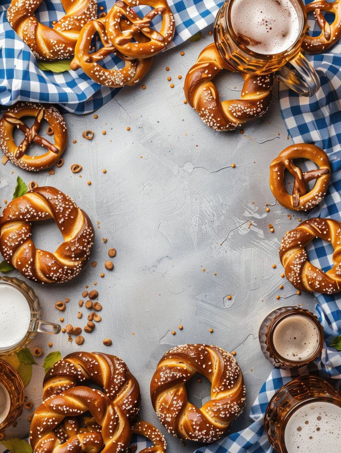 Traditional German Pretzels with Beers and Blue Checkered Cloth on ...