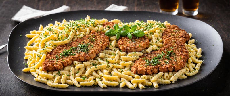 Traditional German Schnitzel with Spaetzle Pasta, Crispy Breaded Cutlet ...