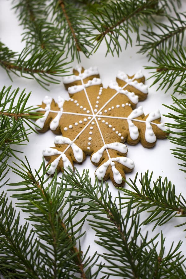 Traditional Gingerbread Snowflake Surrounded by Fir Tree Branches Stock ...
