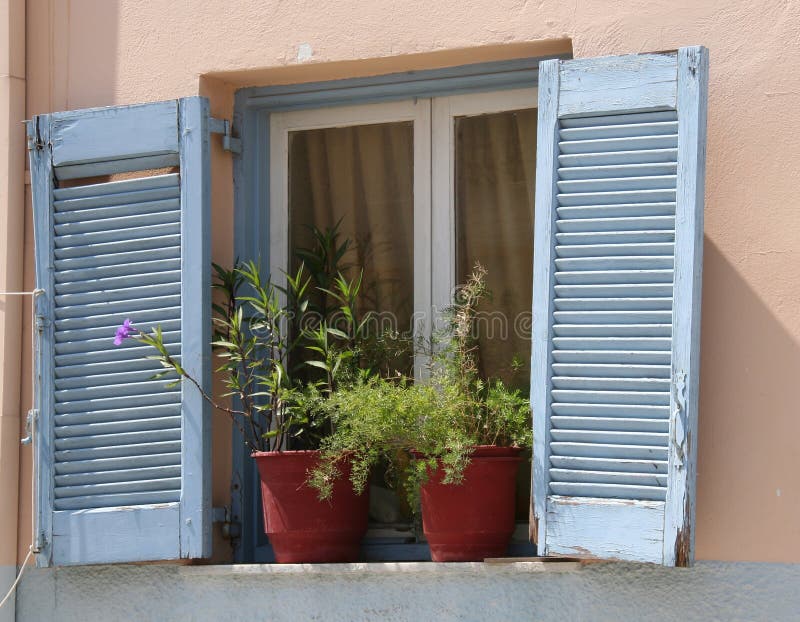 Beautiful Greek Blue Wooden Box with Shutters and Curtains in the Old ...